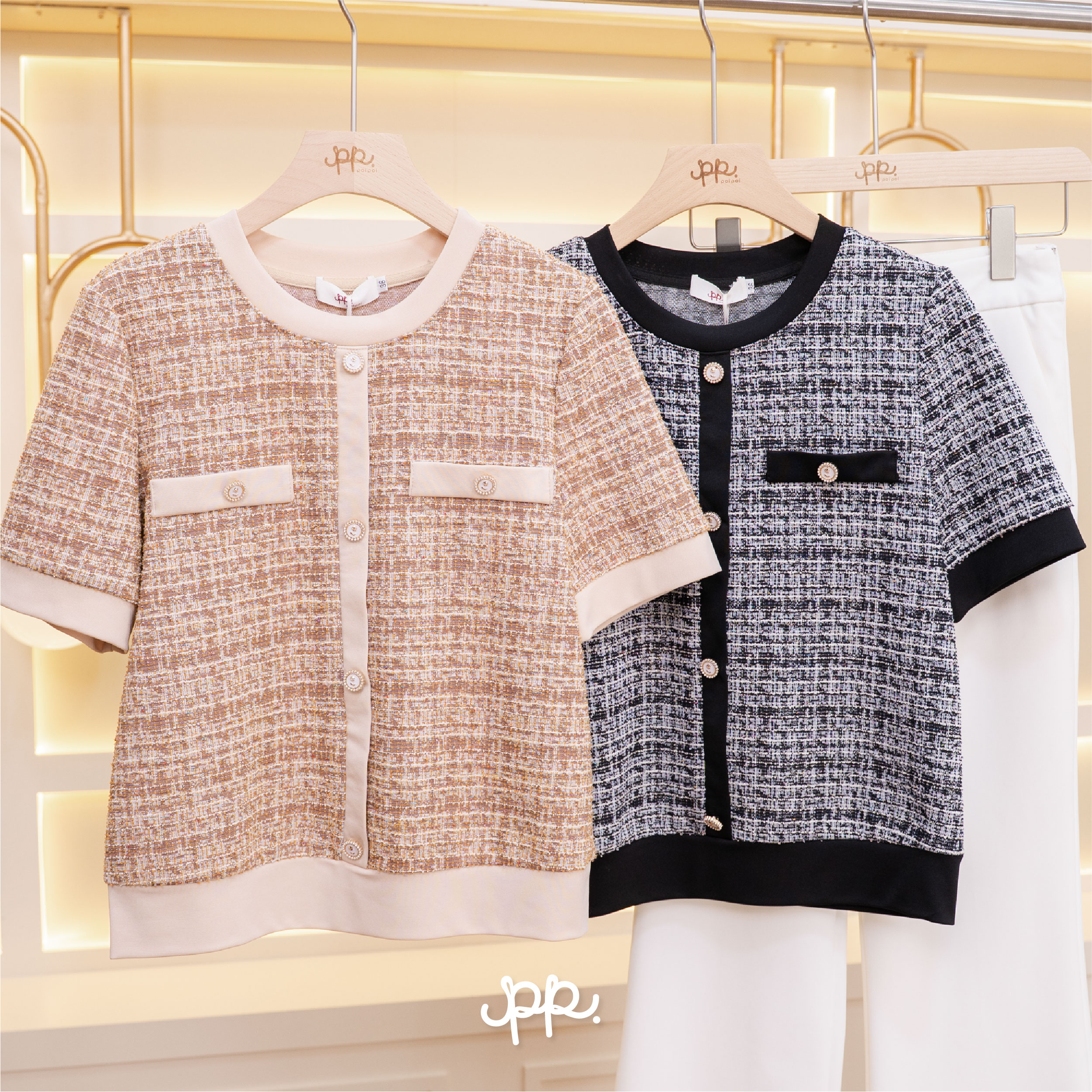 L017D5:POIเสื้อคอกลมแขนสั้นผ้าทวิตแต่งกระดุมมี 4 สี ผู้หญิง แมทต์ง่ายทุ ...