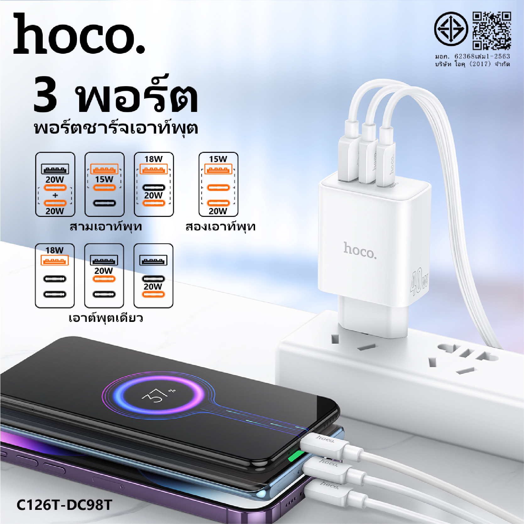 หัวชาร์จเร็ว 3 พอร์ต USB-A x1/USB-C x2 HOCO C126 Fast charging จ่ายไฟ ...