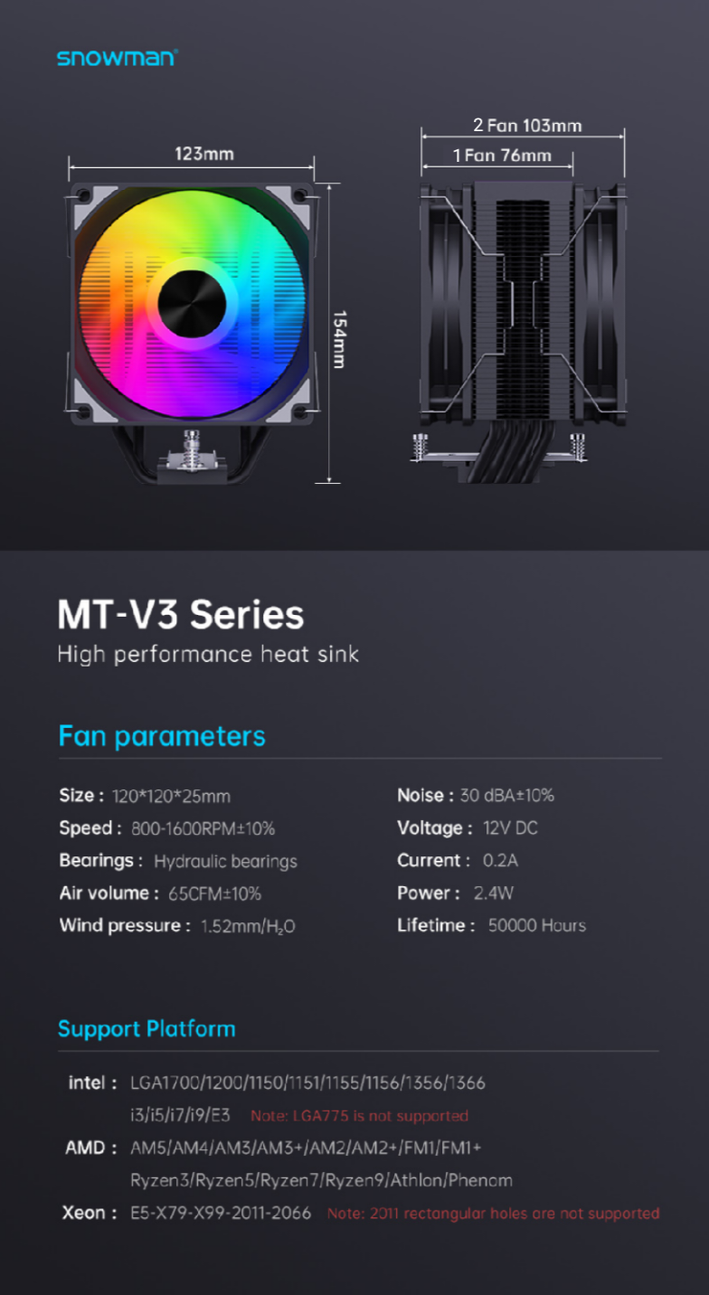 CPU AIR COOLER (พัดลมซีพียู) SNOWMAN MT6-V3 Series Intel LGA115X / 1200 ...