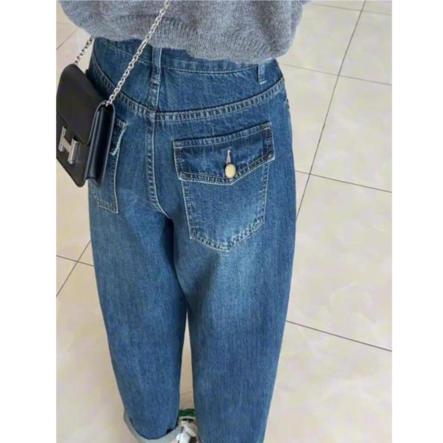 GHAOHES กางเกงยีนส์กระบอกตรง9ส่วน สีน้ำเงินเข้ม #6629 | Shopee Thailand