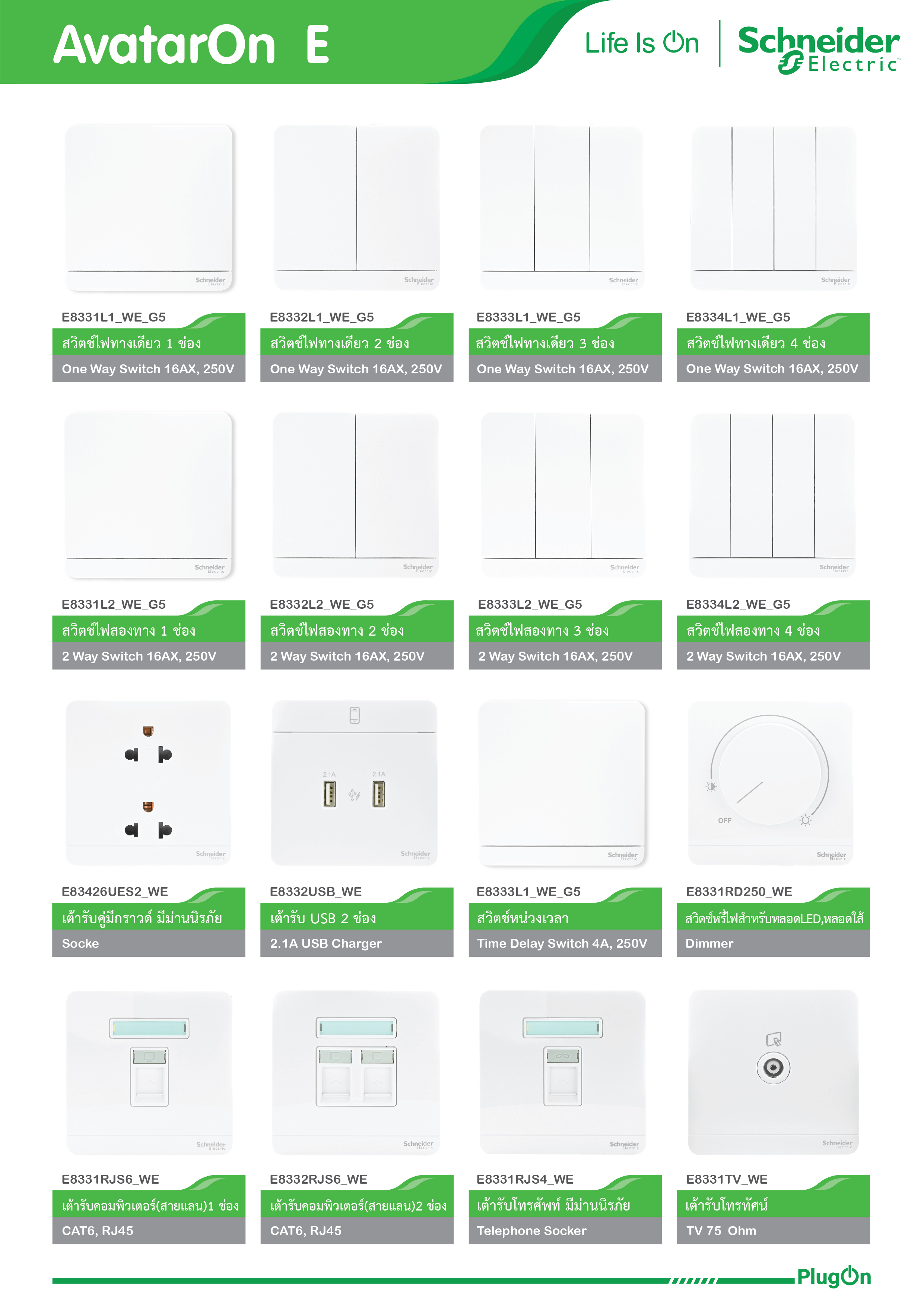 Schneider สวิตช์ไฟทางเดียว 1 ช่อง One Way Switch 16AX, 250V สีขาว รุ่น ...