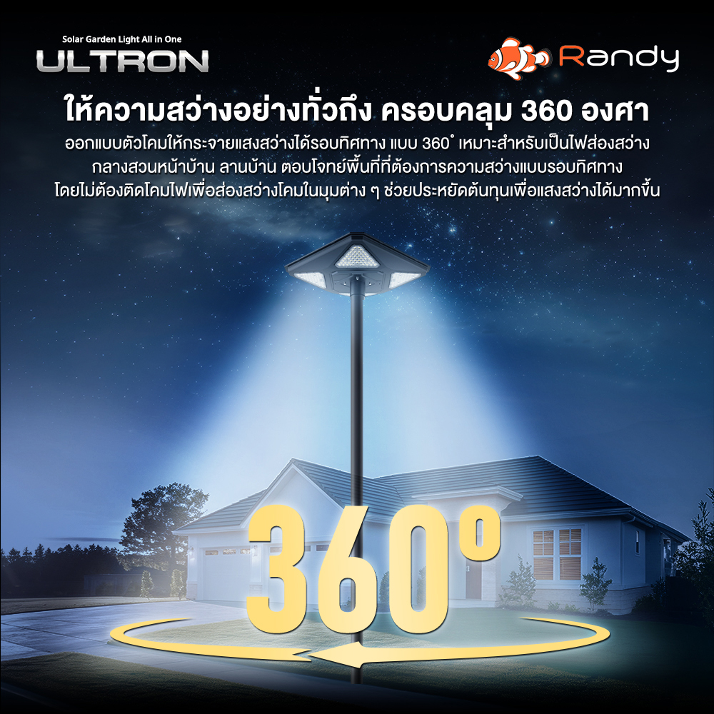 RANDY โซล่าเซลล์ UFO ULTRON IP65กันน้ำ สว่าง360° แบต ใหม่LiFePO4 อายุ10 ...
