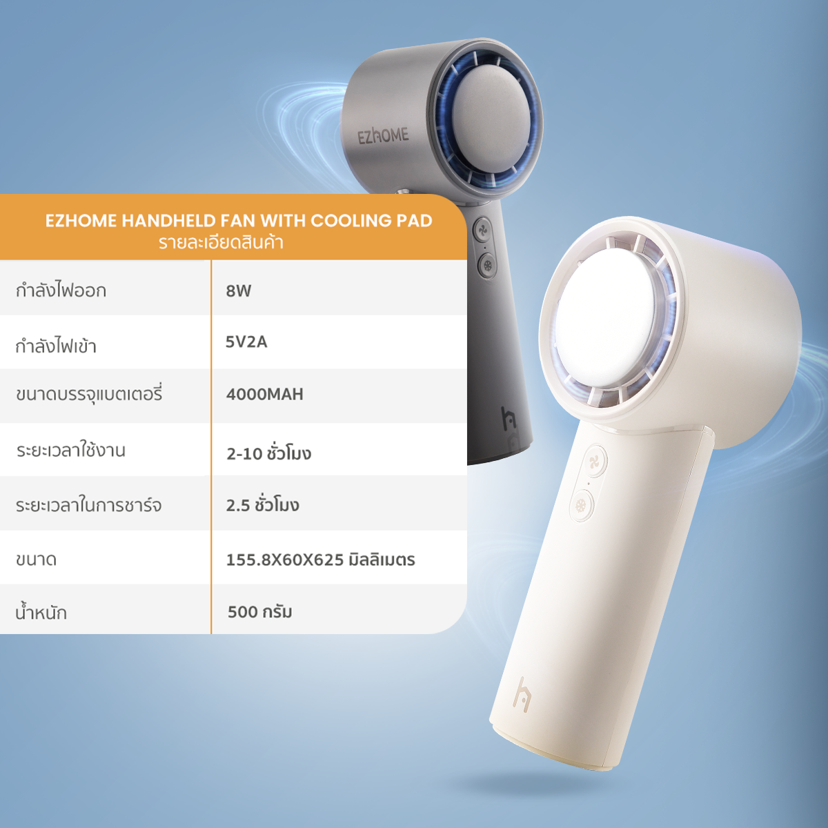 EZhome Handheld Fan with Cooling Pad พัดลมมือถือ พัดลมพกพาพร้อมแผ่นทำ ...