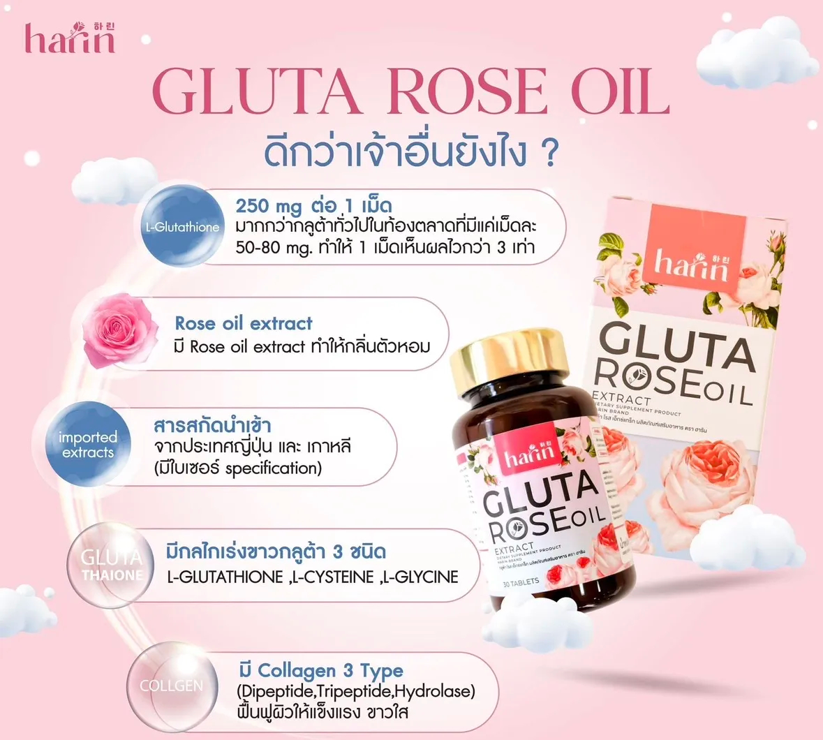 HARIN GLUTA ROSE OIL ตัวหอม สว่างใส 1 แถม 1 | Shopee Thailand