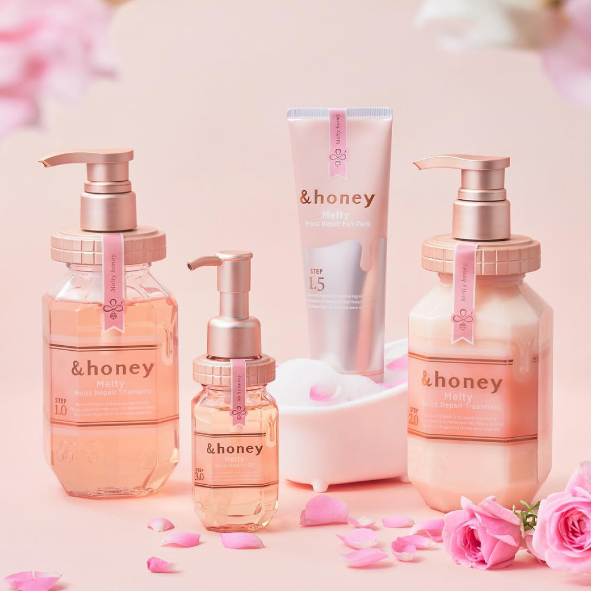 [MELTY 4 STEPS] &HONEY MELTY MOIST REPAIR SHAMPOO 440ML + HAIR PACK 130G + TREATMENT 445G + OIL ...