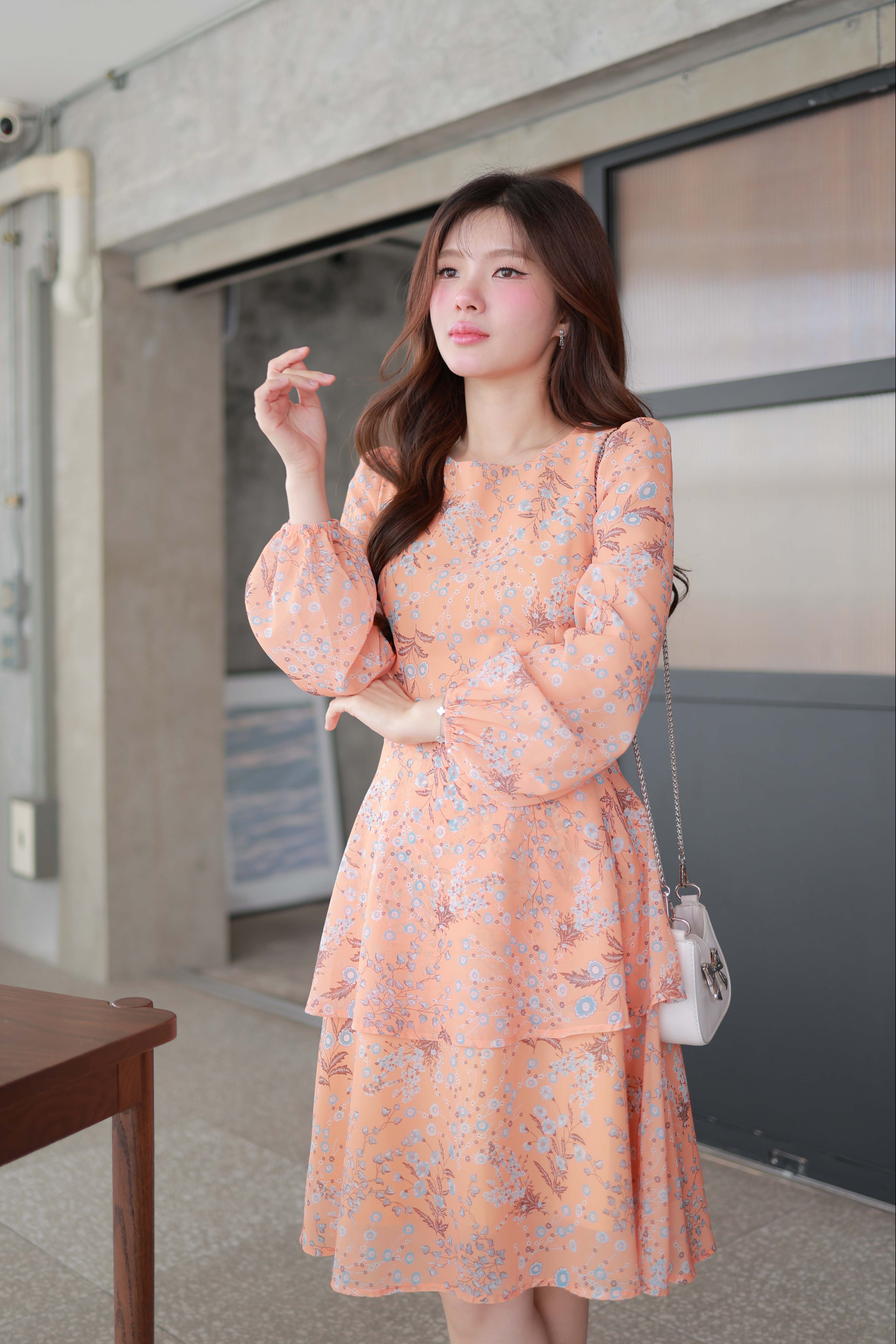 Romi"Oil" Midora Dress (Orange) K264 ชุดเดรสสีส้ม (ชีฟองแขนยาวขนมชั้น)(ป้ายแบรนด์ Puffy Peach ...