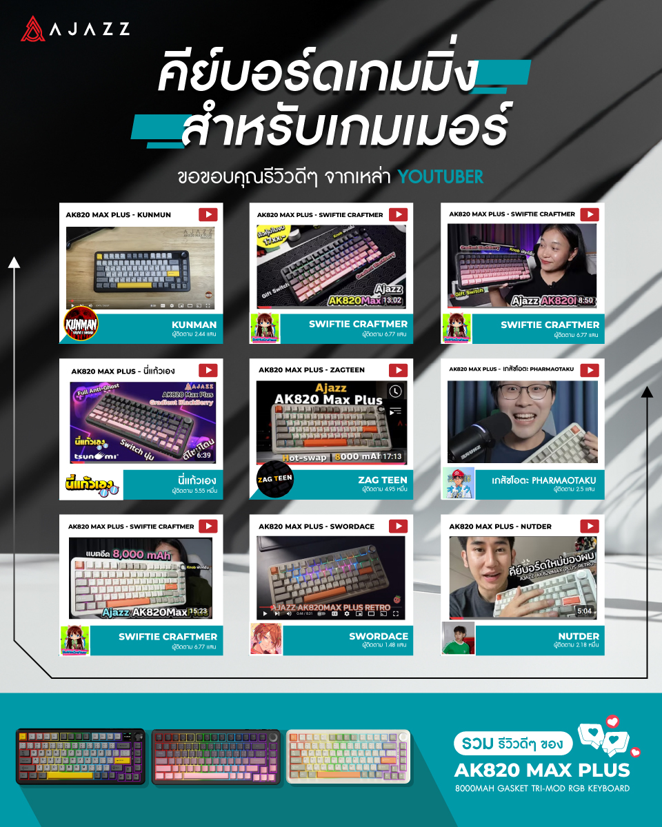 คีย์บอร์ดเกมมิ่ง Ajazz AK820 Max Plus 8000mAh Gasket Tri-Mod RGB Maila ...