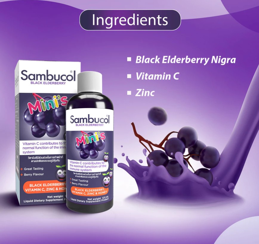 Sambucol Black Elderberry Mini's Liquid 120ml แซมบูคอล แบล็ค เอลเดอร์เ ...