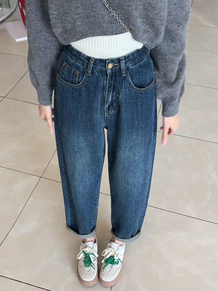 GHAOHES กางเกงยีนส์กระบอกตรง9ส่วน สีน้ำเงินเข้ม #6629 | Shopee Thailand