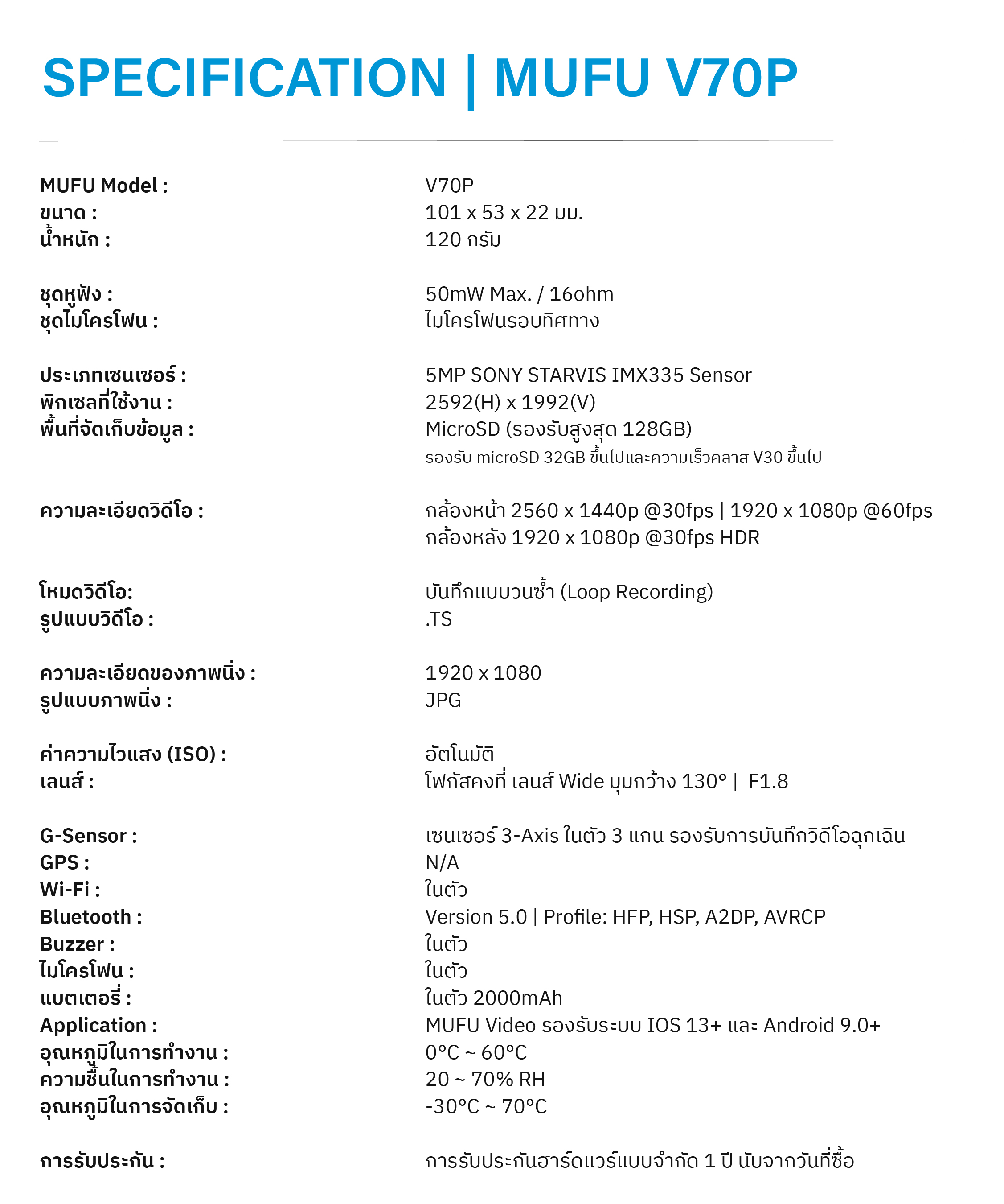 MUFU V70P กล้องติดหมวกกันน็อค 2K sony starvis กล้องหน้า-หลัง บลูทูธ wifi บันทึกฉุกเฉิน กันสั่น ...