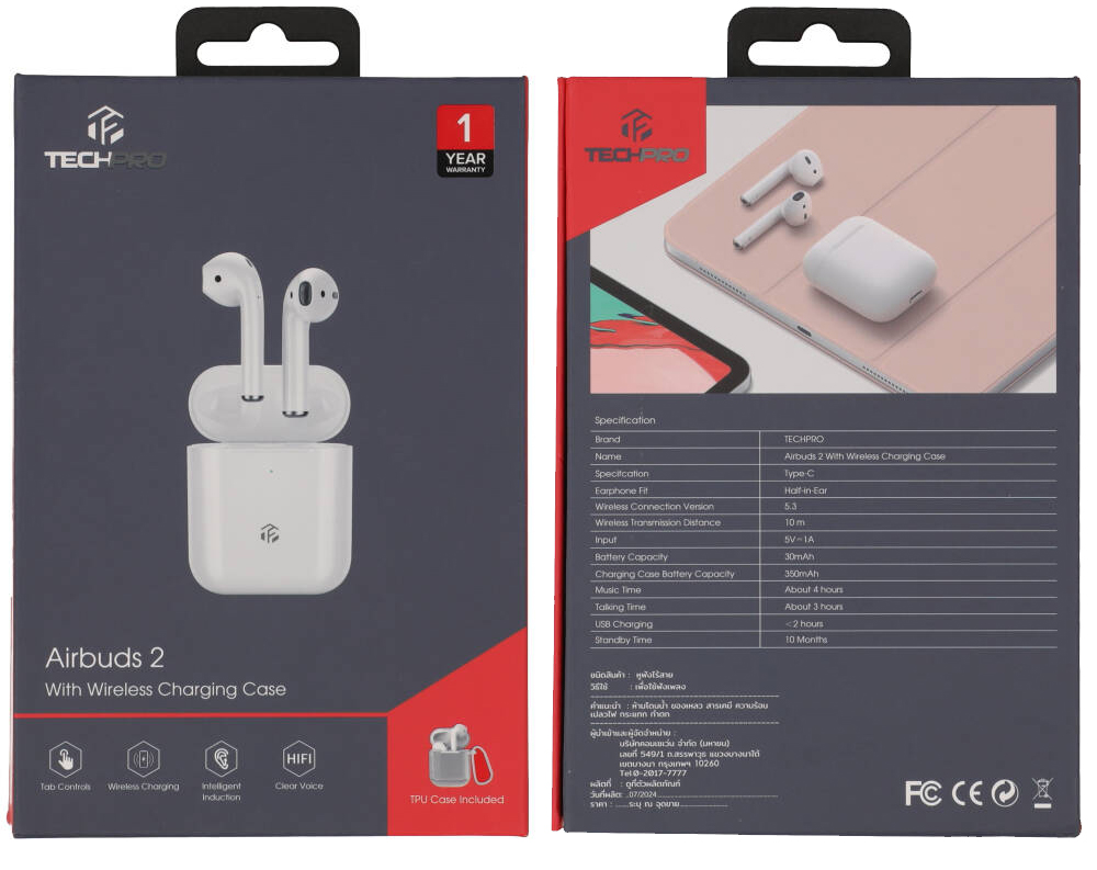 หูฟังบลูทูธไร้สาย TECHPRO Airbuds 2 with Wireless charging case White by Banana IT | Shopee Thailand