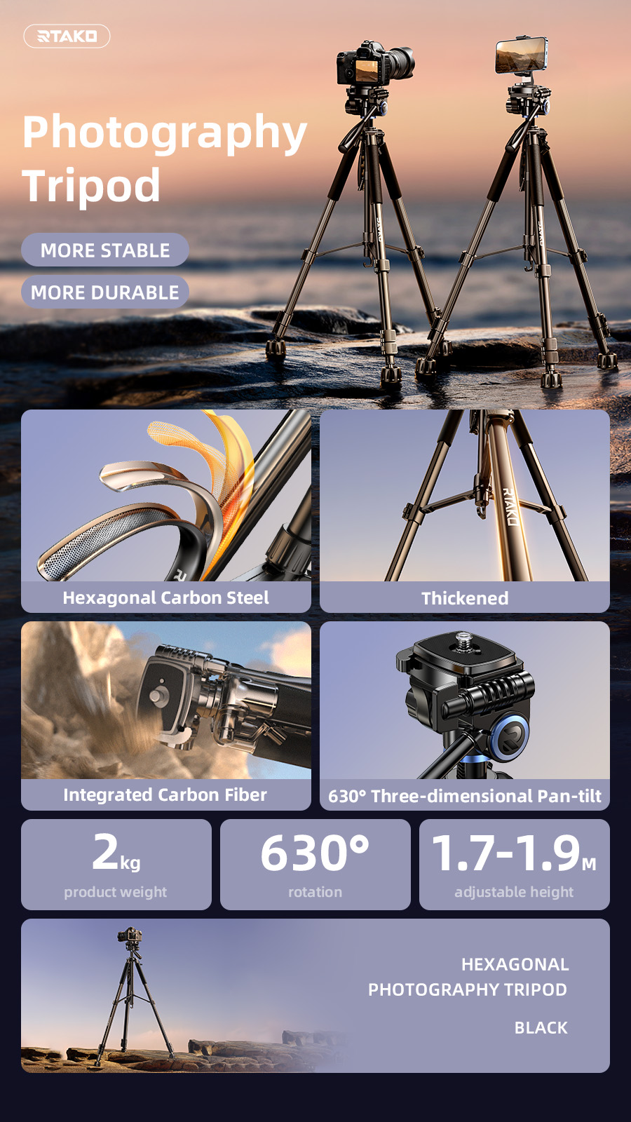 Rtako ขาตั้งเอนกประสงค์ 3 ขา ขยายได้สูงสุด 170 เซนติเมตร ขาตั้งกล้อง ขาไฟไลฟ์สด หมุนได้ 360 องศา ...