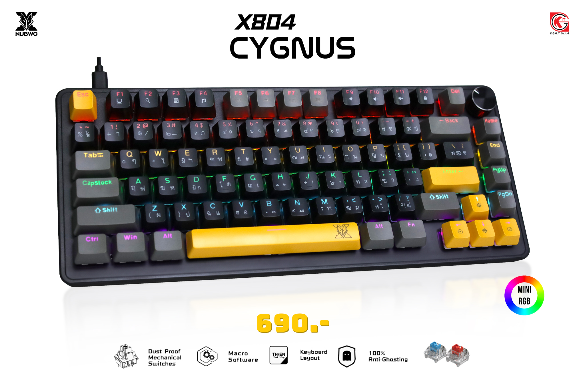 คีย์บอร์ด75% Nubwo X804 CYGNUS MINI RGB CIY(5Pin)เปลี่ยนสวิตซ์ได้ มี ...