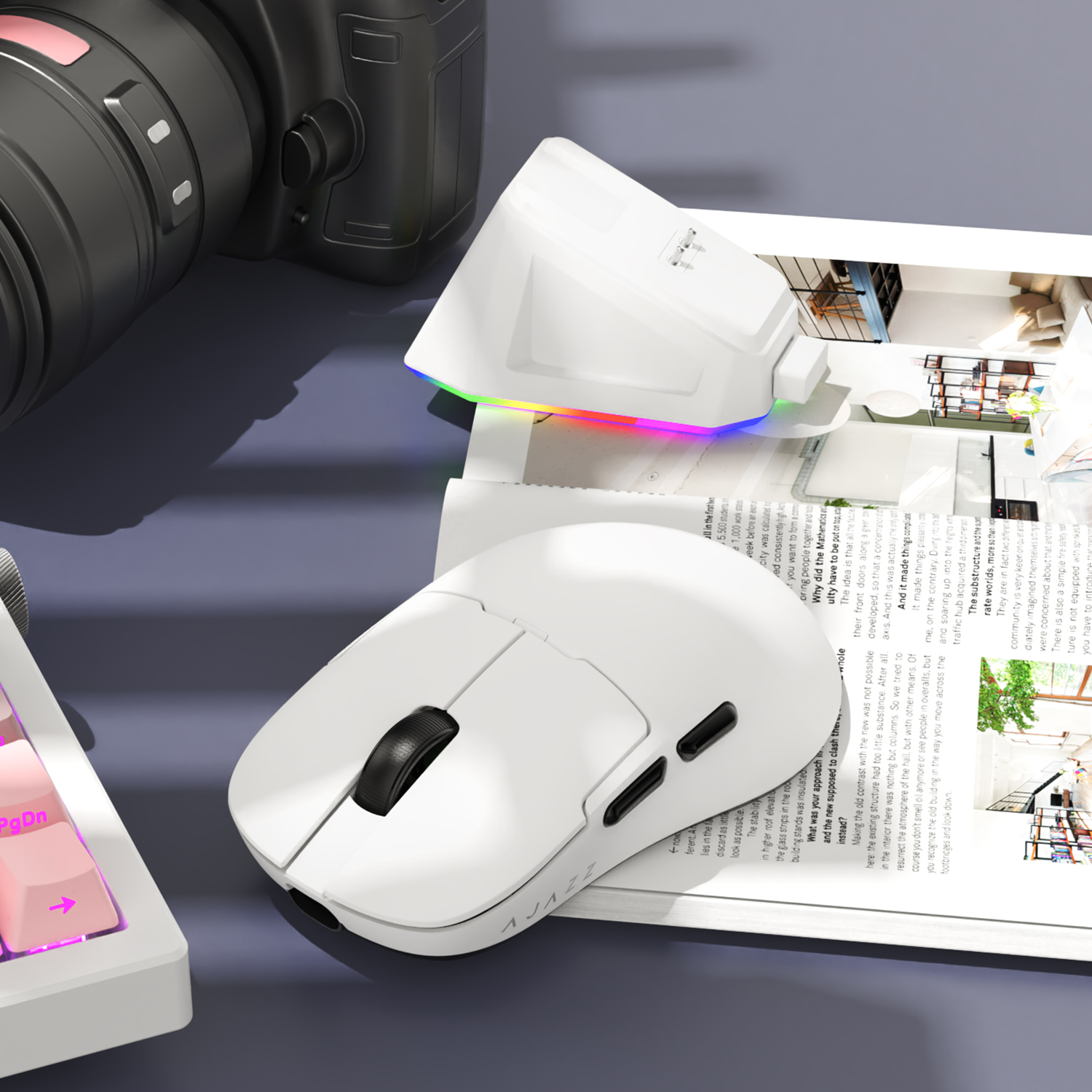 เมาส์เกมมิ่งพร้อมแท่นชาร์จ Ajazz AJ159P MC Tri-Mod(Wired+2.4G+BT) Wireless Magnetic Charging ...