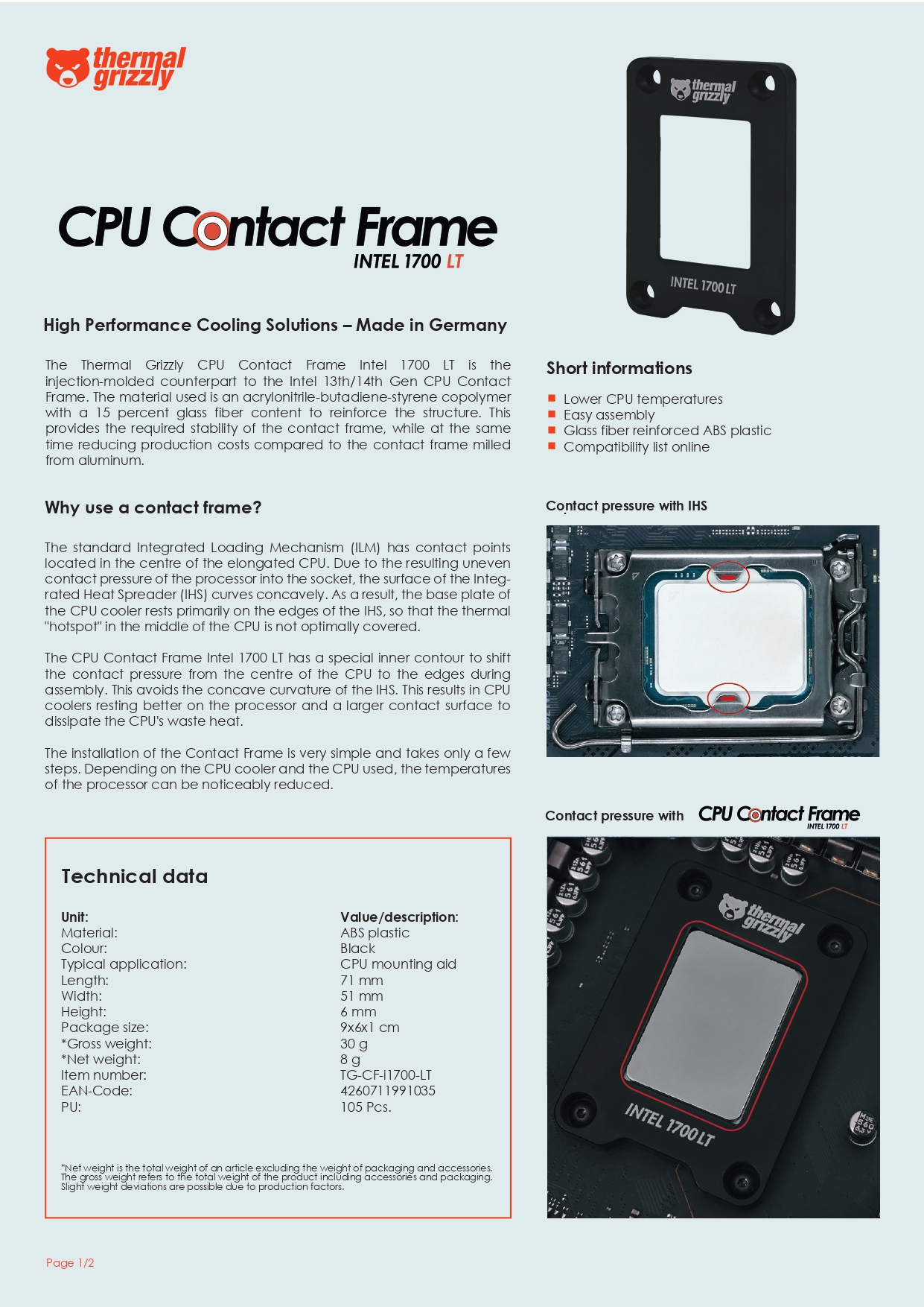 THERMAL GRIZZLY CPU CONTACT FRAME INTEL 1700 LT [CONTACT FRAME / คอนแทคเฟรม] | Shopee Thailand