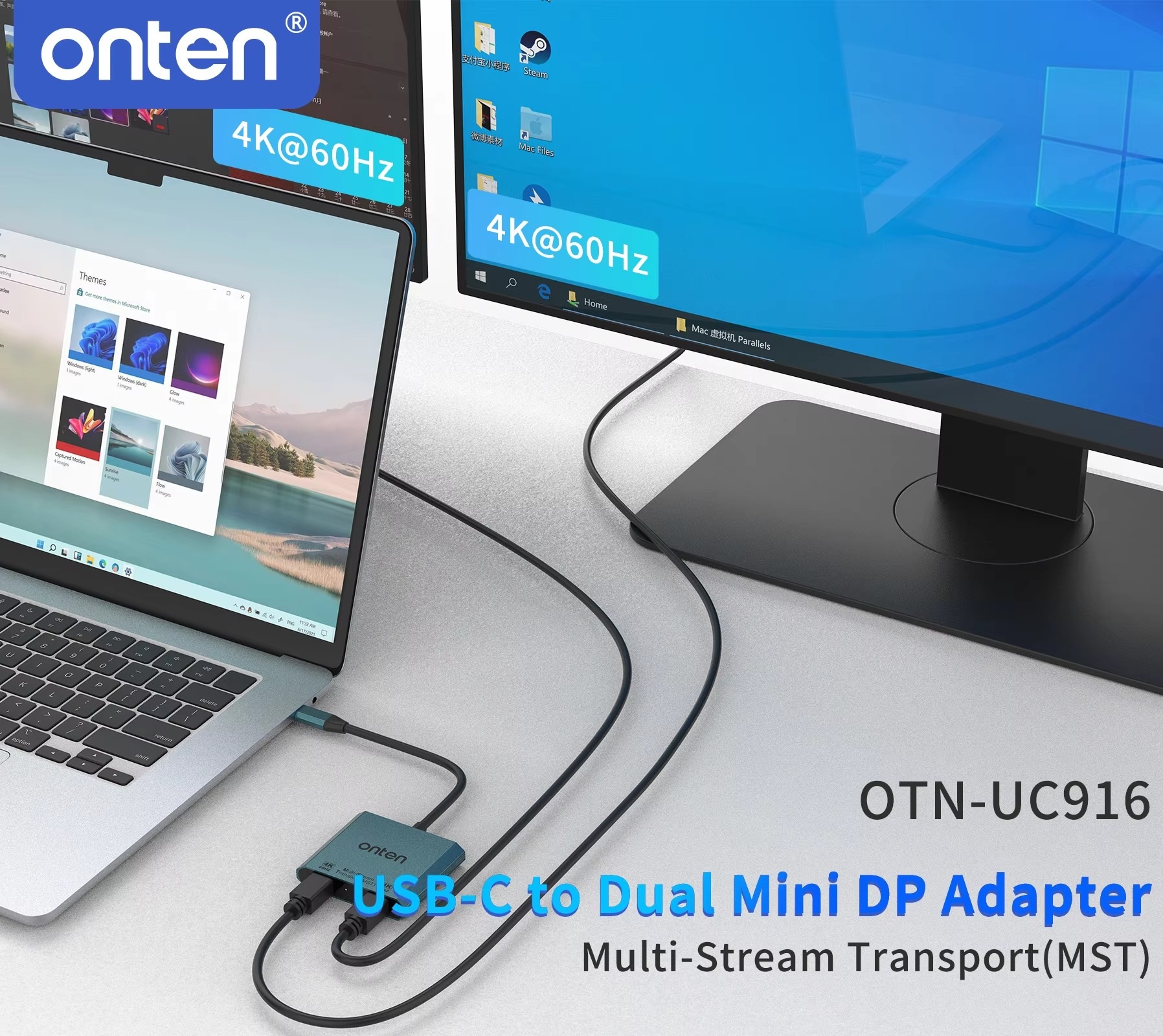 Onten OTN-UC916 USB-C To Dual Mini Display Port 4K 60Hz สายแปลงสัญญาณ ...