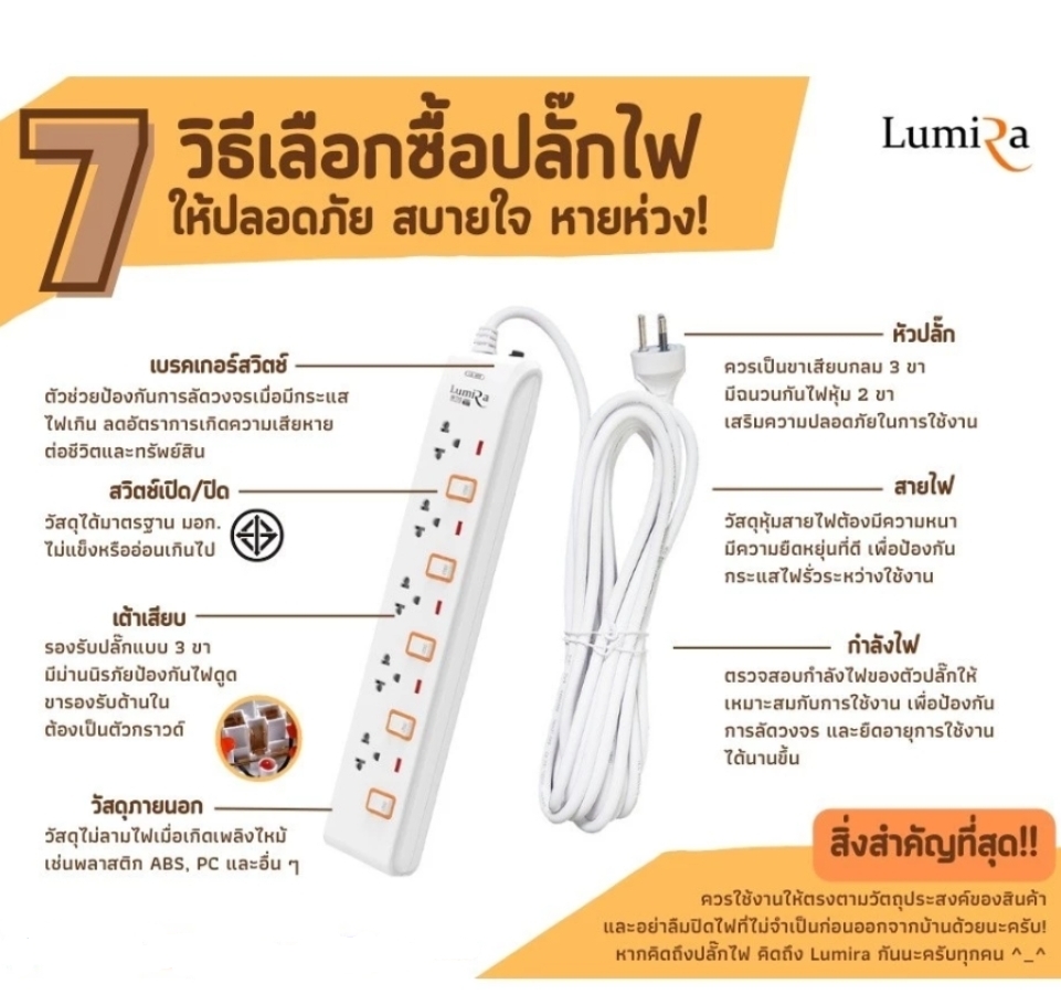 Lumira รุ่น LS-804/2U ปลั๊กไฟ รับประกัน 3ปี Lumira เต้ารับ4ช่อง USB2 TypeC1 สวิตช์แยก 3M. มอก. ...
