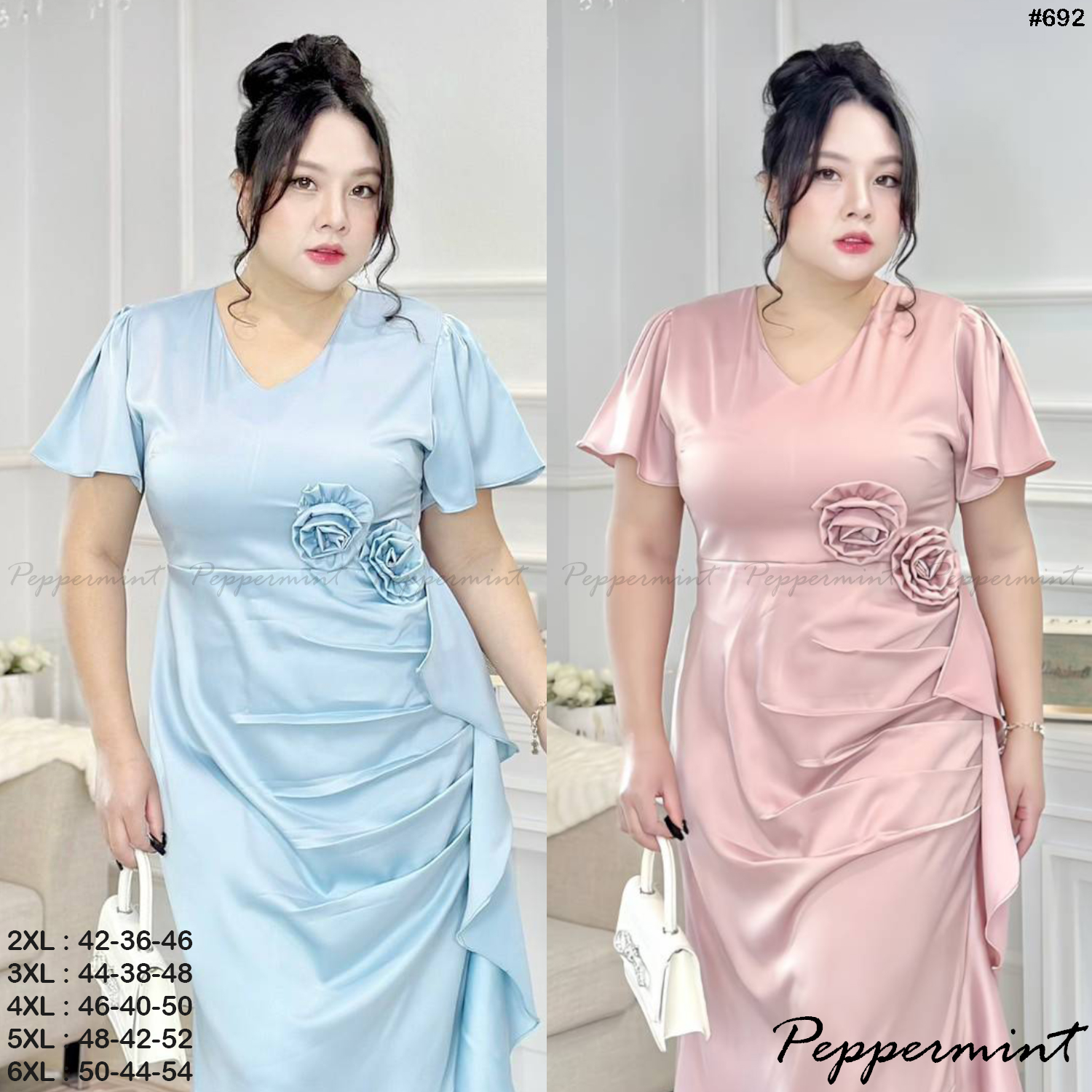 ชุดออกงานสาวอวบ เนื้อผ้าซิลซาติน คอวี เย็บดอกไ้ม้ช่วงเอว อก40-50นิ้ว Peppermint_PlusSize (692 ...