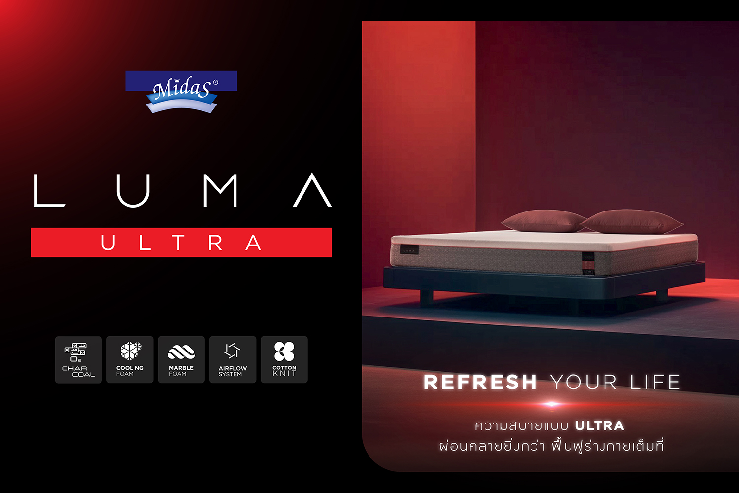 Midas ที่นอน รุ่น LUMA ULTRA มอบความสบายที่พิเศษยิ่งกว่ากับชั้น Cooling ...