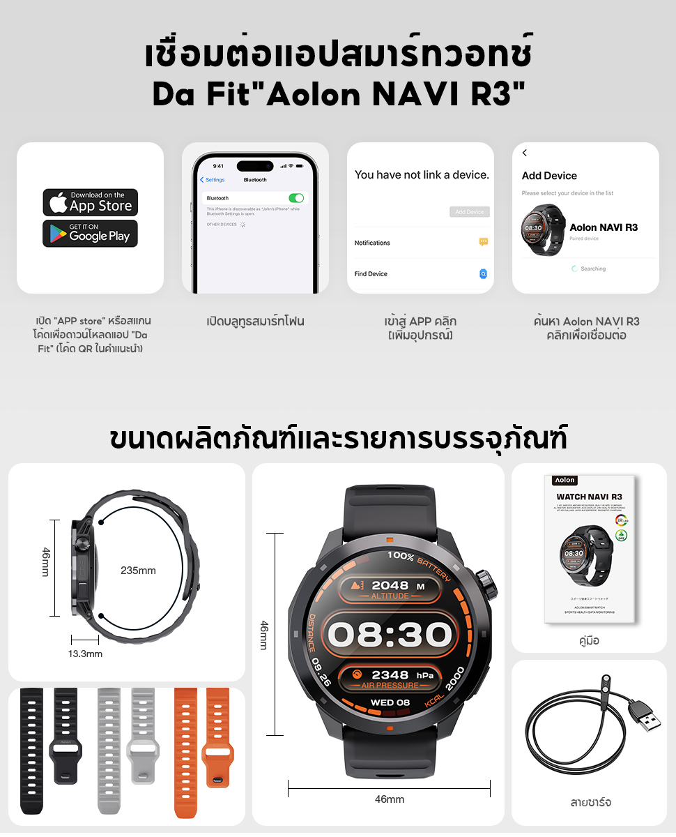 Aolon Navi R3 GPS สมาร์ทวอทช์ 1.43 นิ้ว นาฬิกาวิ่ง Amoled นาฬิกา โทร ...