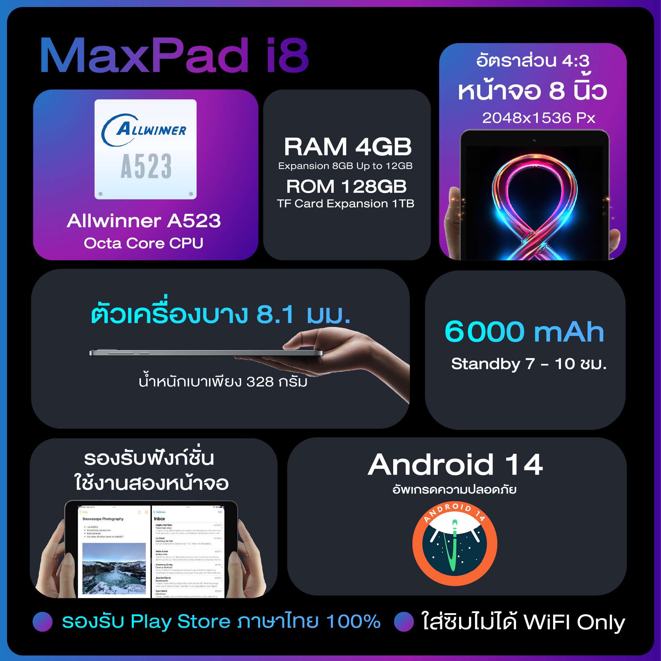 🇹🇭 (ส่งไว) (แถมฟรีเคส) BMAX i8 Tablet 8 นิ้ว IPS 2K RAM 12GB (4GB+8GB ...