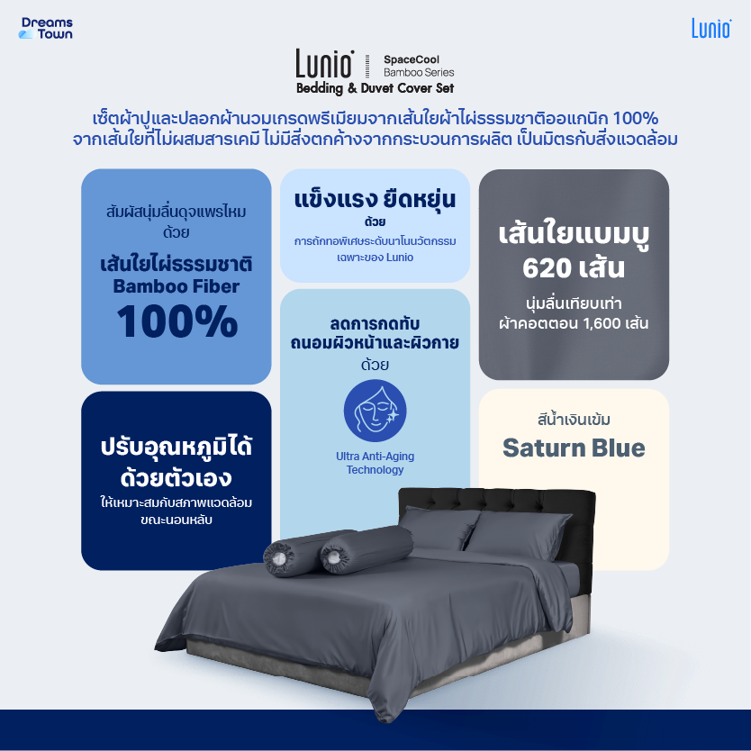 Lunio เซ็ต ผ้าปูที่นอน เส้นใยแบมบูพรีเมียมนุ่มลื่นเท่าผ้าค้อตต้อน1600เส้น รุ่น SpaceCool Bamboo ...