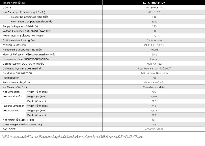 SHARP ตู้เย็น 2 ประตู ขนาด 16.6 คิว รุ่น SJ-XP500TP-DK MEGA FREEZER ระบบ INVERTER Refrigerator ...