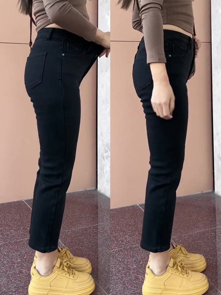 GHAOHESกางเกงยีนส์สีดำ เอวสูงผ้ายืด S-5XL สาวอวบ รูปร่างลูกแพร์ กางเกงเก้าส่วน เก็บพุงคลุมสะโพก ...