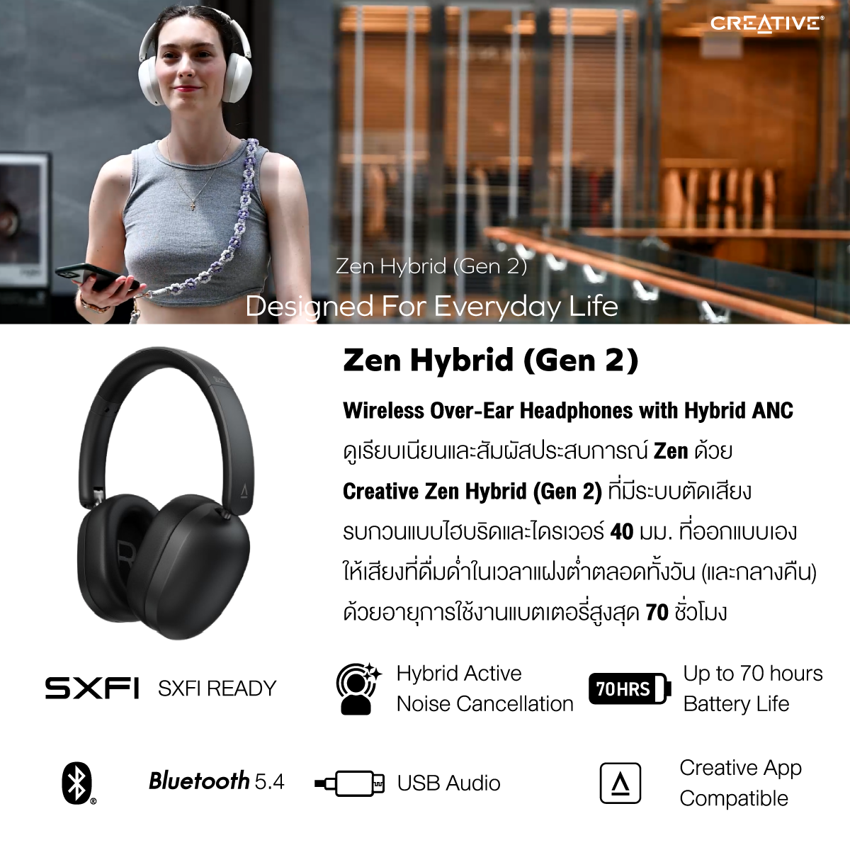 CREATIVE หูฟัง Zen Hybrid Gen 2 หูฟังไร้สายแบบครอบหูพร้อมระบบ ANC ...