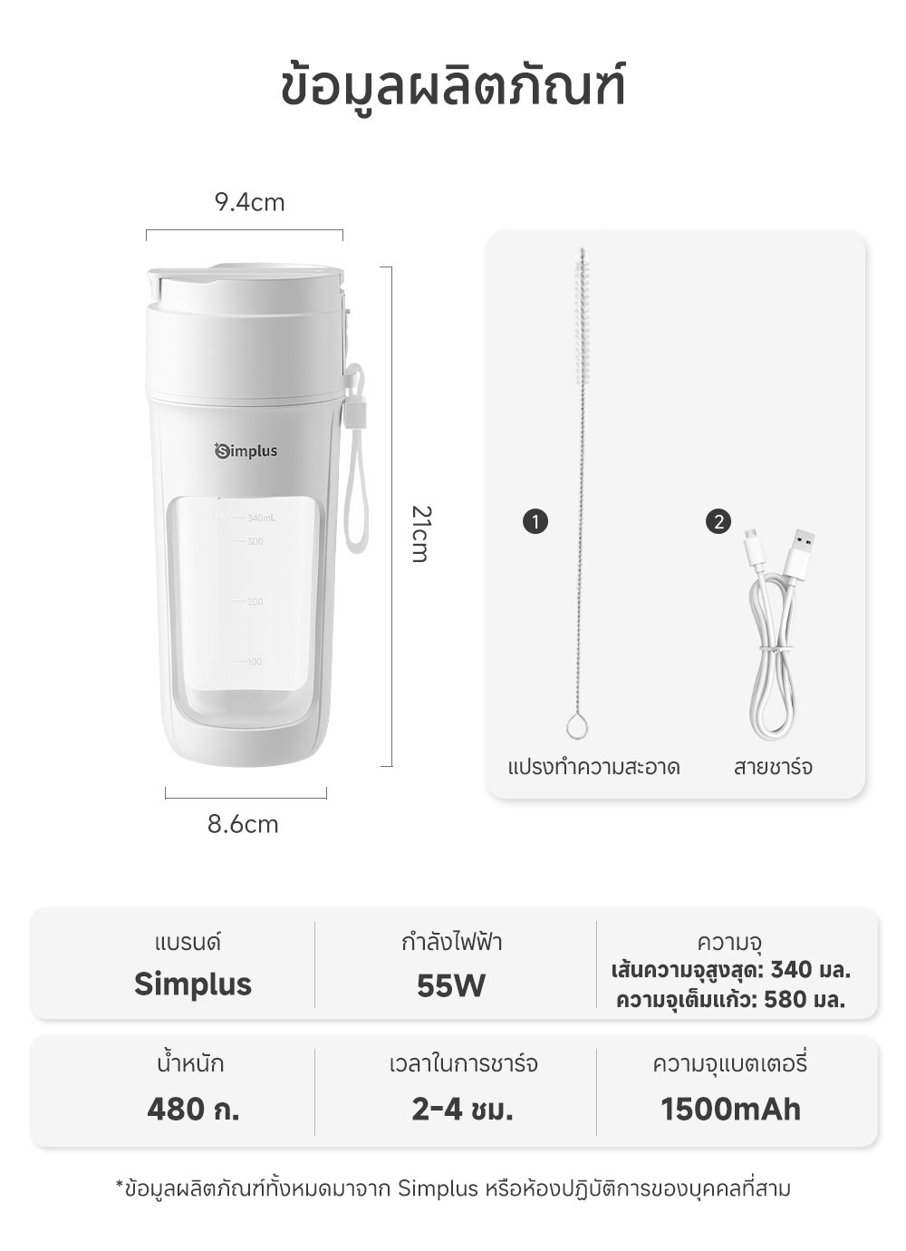 Simplus Portable Blender แก้วปั่นน้ำผลไม้ น้ำผัก ไร้สายแบบพกพา ความจุ ...