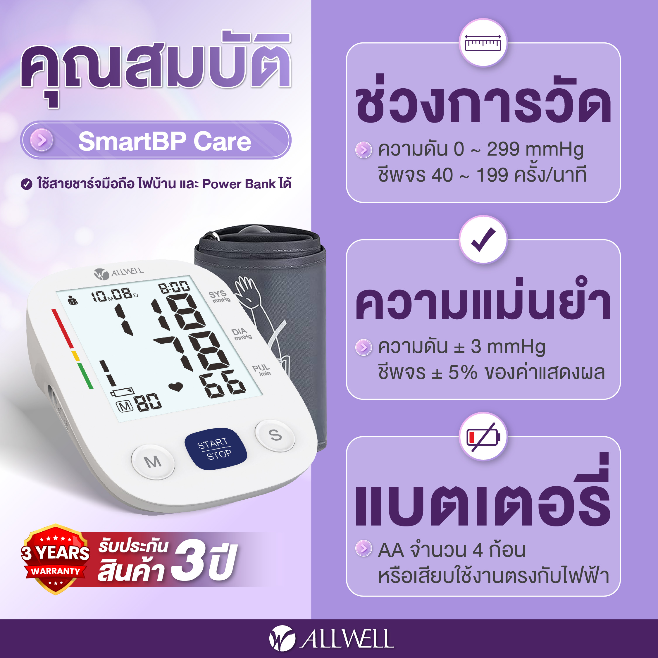 [สินค้าใหม่] ALLWELL เครื่องวัดความดัน หน้าจอสี เสียงไทย รุ่น SmartBP Care Blood Pressure ...