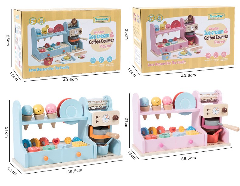 WD0006 สีฟ้า ของเล่นไม้สำหรับเด็ก ชุดร้านไอศครีม กาแฟ ขนม เสริมสร้าง ...