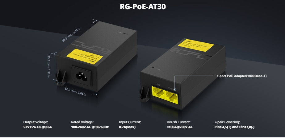 RUIJIE REYEE RG-POE-AT30, 1-Port PoE Injector (1000Base-T, 52 V, 31.2 W ...
