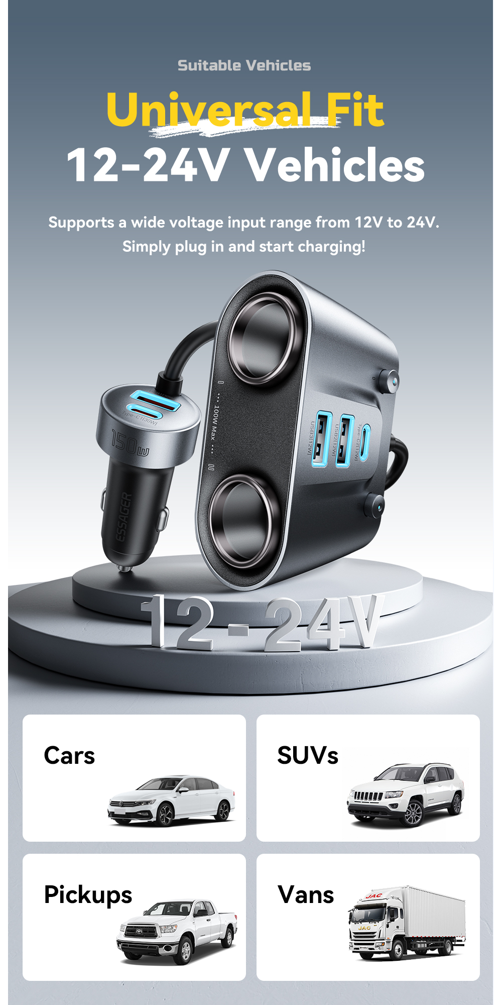 Essager 150W 3A+2C เครื่องชาร์จในรถยนต์ อินเทอร์เฟซที่จุดบุหรี่ขยาย ...