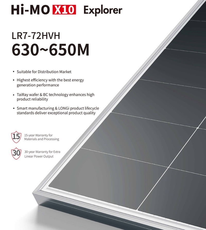 แผงโซล่าเซลล์ Longi Hi-Mo X10 645วัตต์ Himo x10 N type รับประกันของแท้ ...