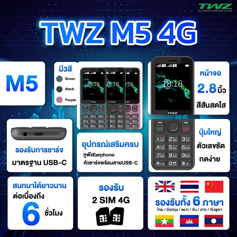 TWZ M5 โทรศัพท์มือถือ ปุ่มกด 4G จอใหญ่ 2.8 นิ้ว เปิดใช้งานได้ยาวนาน 8-10วัน รองรับ Type-C ...