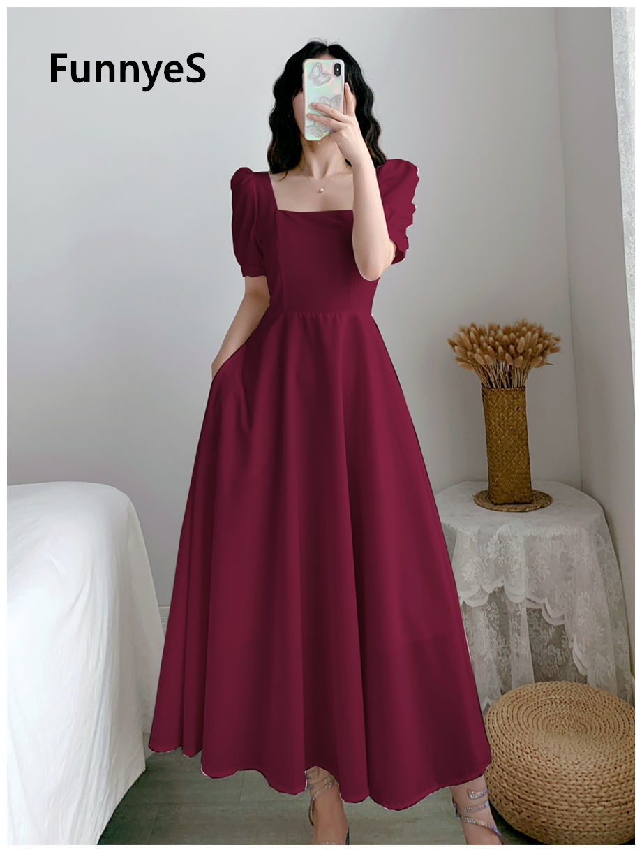 Youmie ชุดเดรสยาวผู้หญิง คอเหลี่ยมแขนพอง สไตล์ฝรั่งเศส เดรสยาวปานกลาง ...