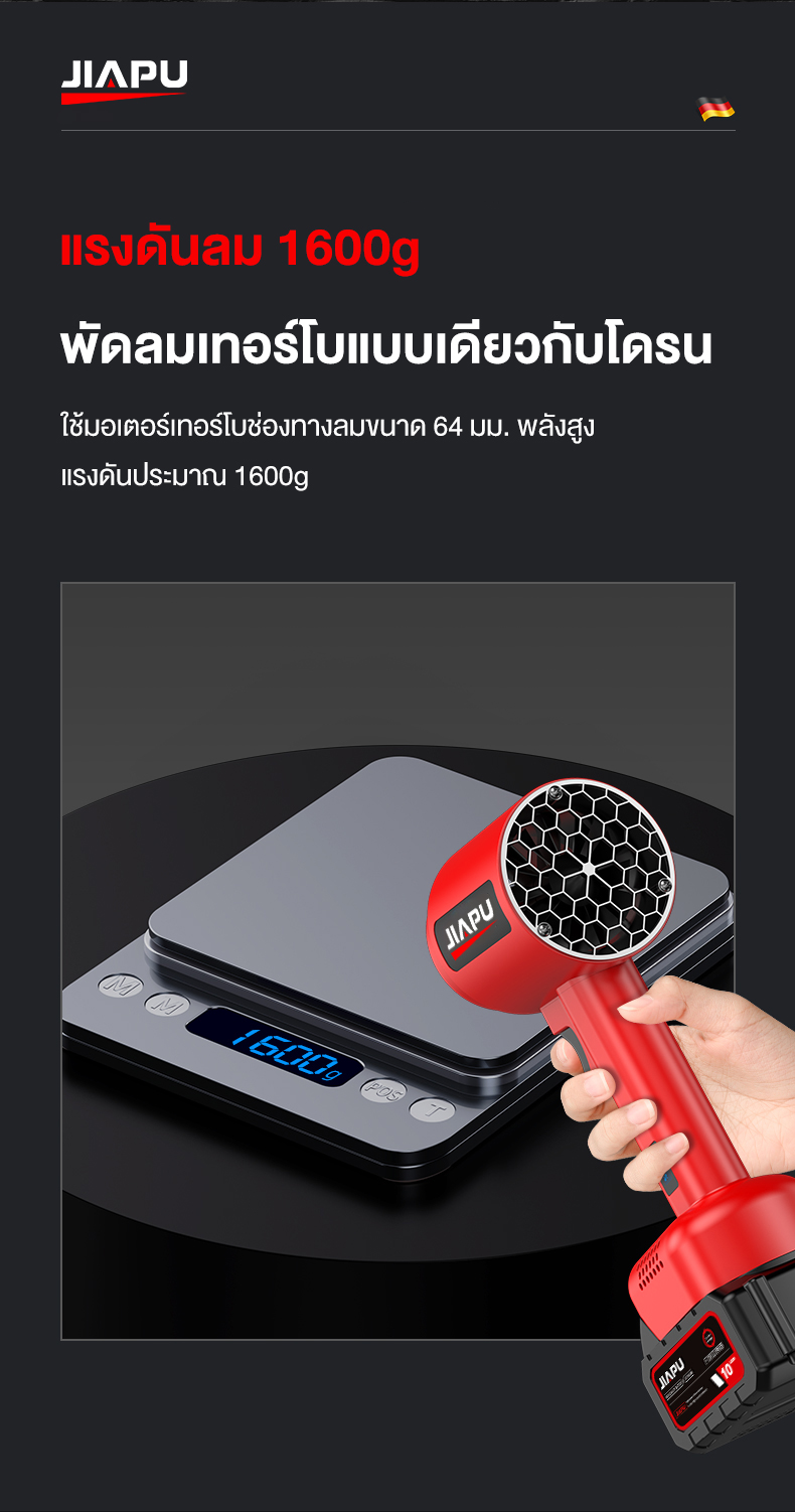 JIAPU พัดลมไร้แปรงเทอร์โบ แรงดัน 1600g ลมแรงระดับมืออาชีพ ปรับได้ 4 ระดับ เริ่มต้นด้วยปุ่มเดียว ...