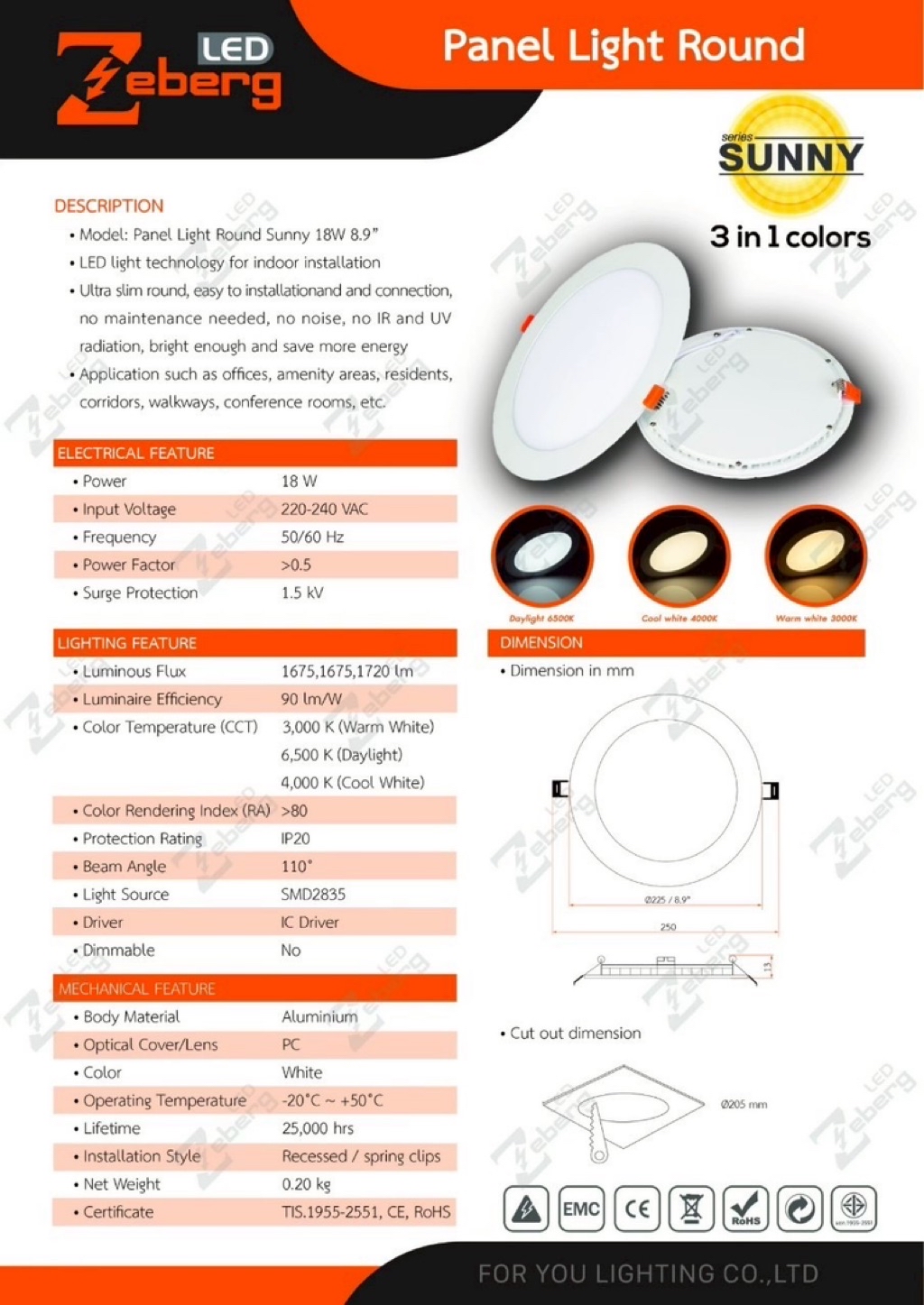 ZEBERG โคมไฟดาวน์ไลท์แอลอีดี เปลี่ยนสีได้ 3 แสงในโคมเดียว ทรงกลม LED ...