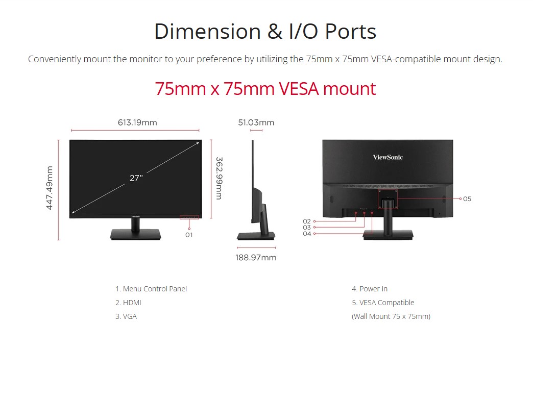 Viewsonic Monitor VA270A-H / 27” / Full HD / 120 Hz / IPS / 1 ms (จอ ...