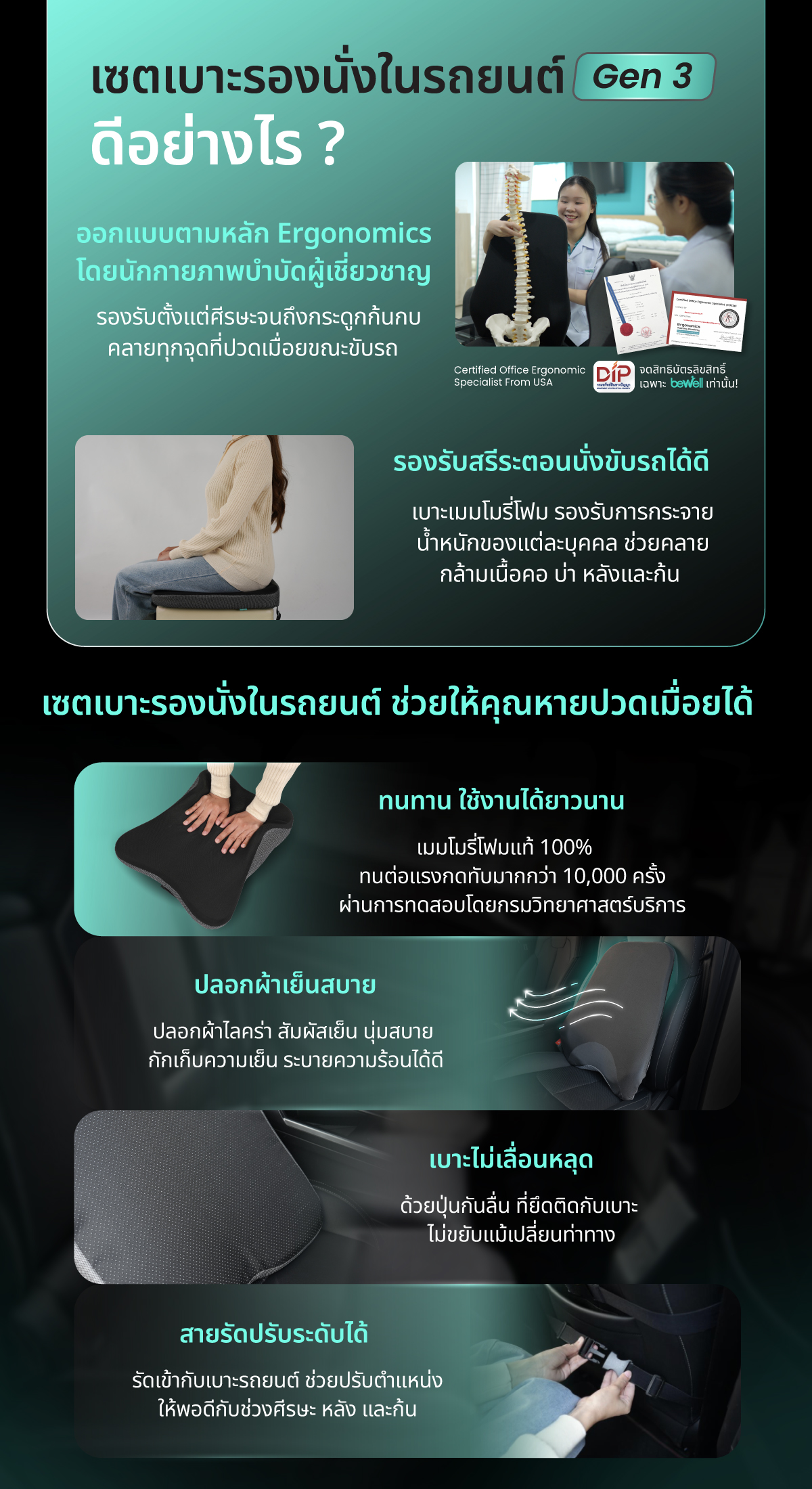 Bewell เซตเบาะรองนั่งในรถยนต์ Gen 3 หมอนรองคอ เบาะรองหลัง เบาะรองนั่ง | Shopee Thailand