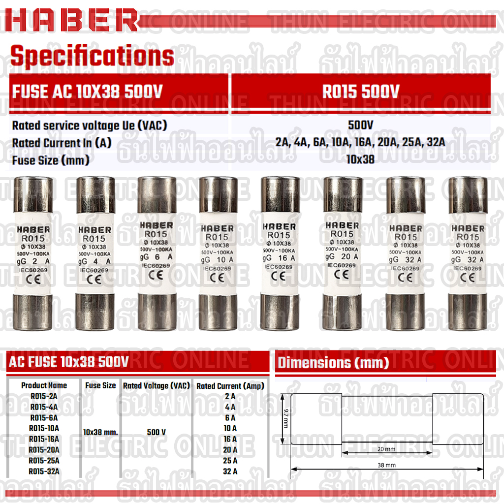 Haber CCS ฟิวส์กระบอก AC RO15 10x38 ขนาด 2A, 4A, 6A, 10A, 16A, 20A, 25A ...