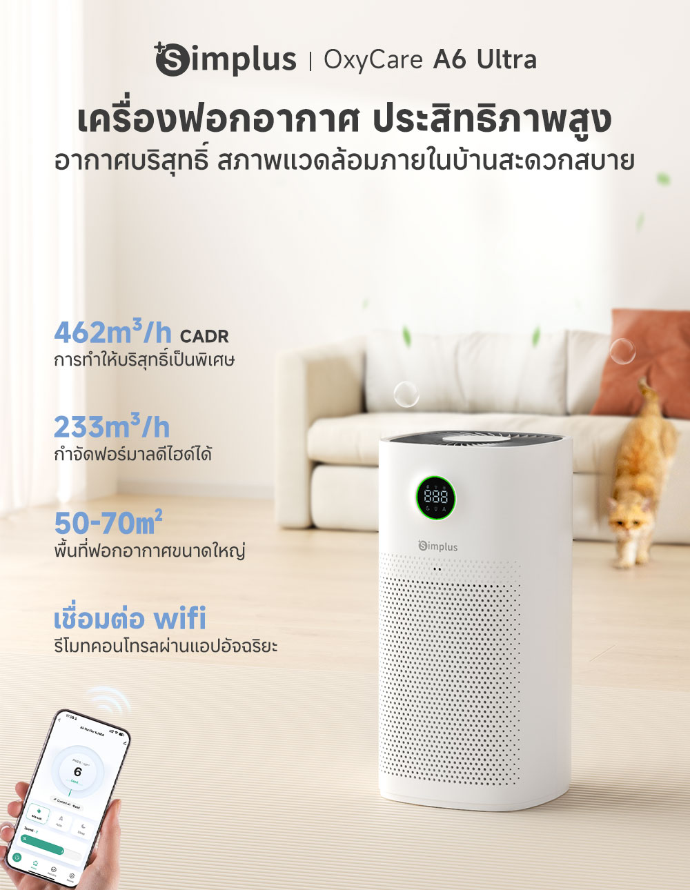 Simplus x PP Krit AirCare A6 Ultra เครื่องฟอกอากาศ CADR 462m³/h กำจัดฟอร์มาลดีไฮด์ PM2.5 ตั้ง ...