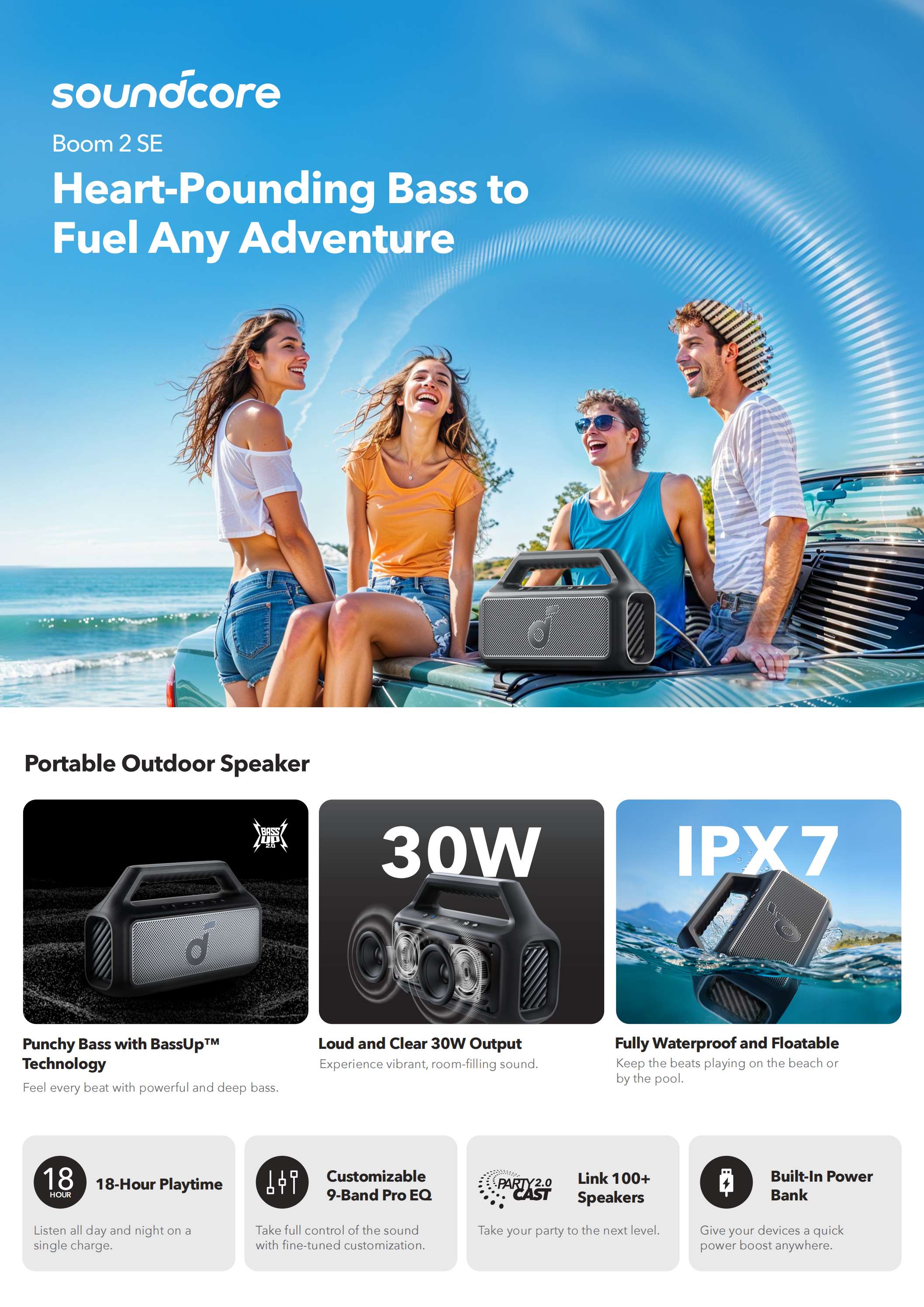 Soundcore Boom 2 SE ลำโพงบลูทูธ Titanium Diver 30W, Bass UP, IPX7, 24 ...
