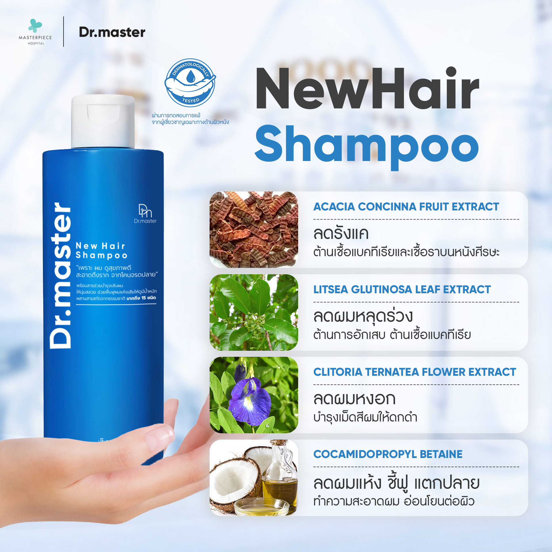 Dr.master New Hair Shampoo แชมพูต้านผมร่วง ผมหงอก ผมงอกใหม่แข็งแรง สารสกัดสมุนไพรไทย 15 ชนิด ...