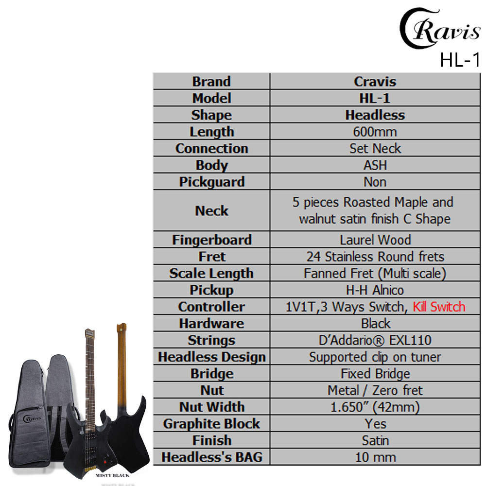 ใหม่ Cravis HL-1 Headless กีต้าร์ไฟฟ้าหัวตัด พร้อมกระเป๋า เซตอัพ จัดส่ง ...