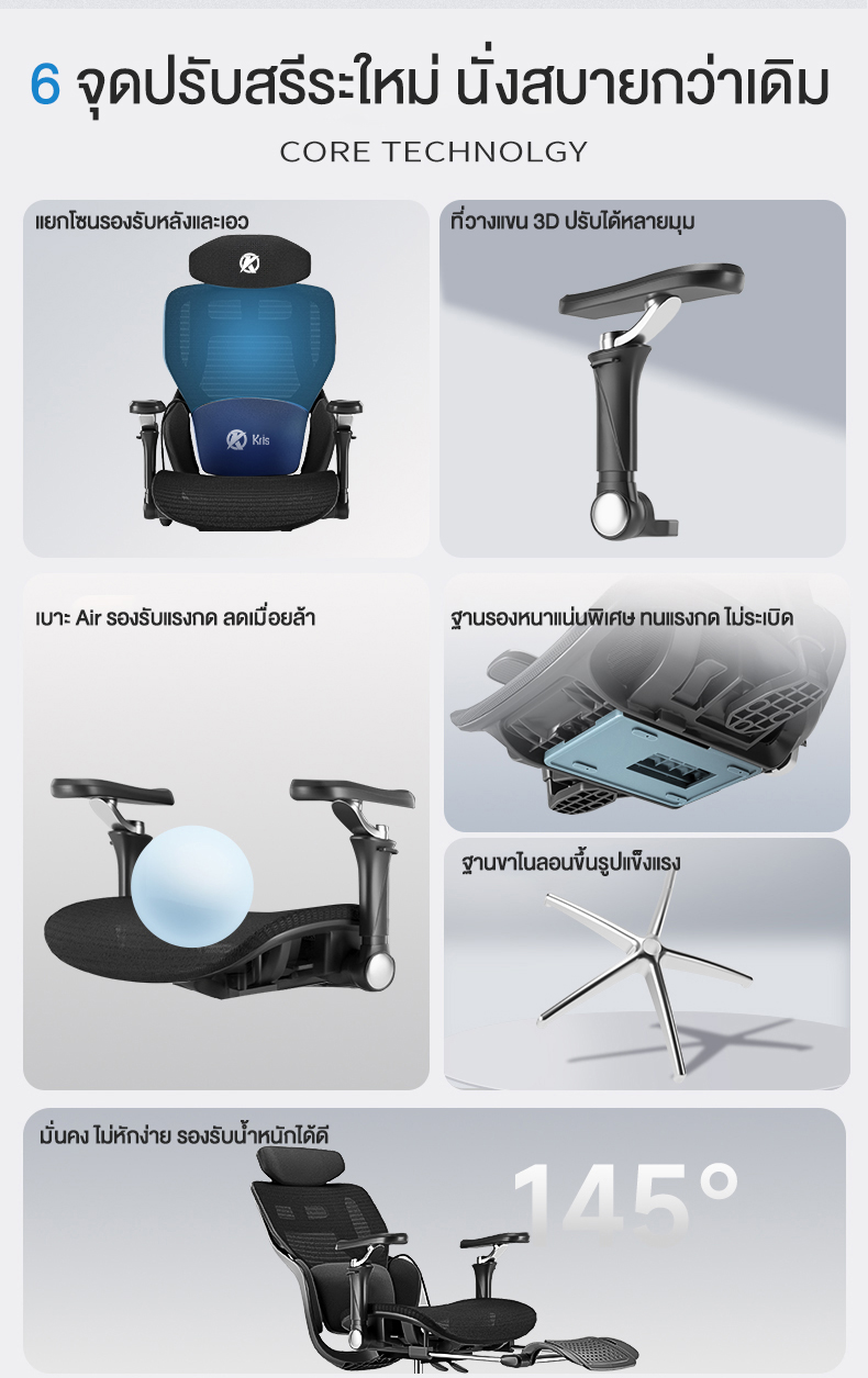 Kris เก้าอี้เพื่อสุขภาพ รุ่นปกป้องเอว M26 หมอนรองหลังแบบถุงลมนิรภัย เก้าอี้ตามหลักสรีรศาสตร์ รับ ...