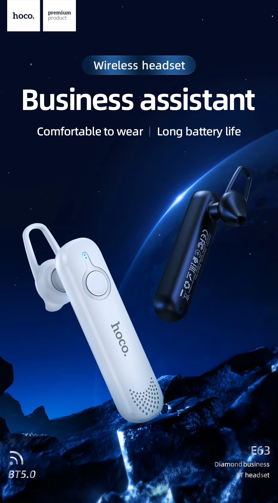 Hoco E63 หูฟังโมโนบลูทูธข้างเดียวสำหรับคุยโทรศัพท์ คุยได้นาน Diamond Bluetooth headset | Shopee ...