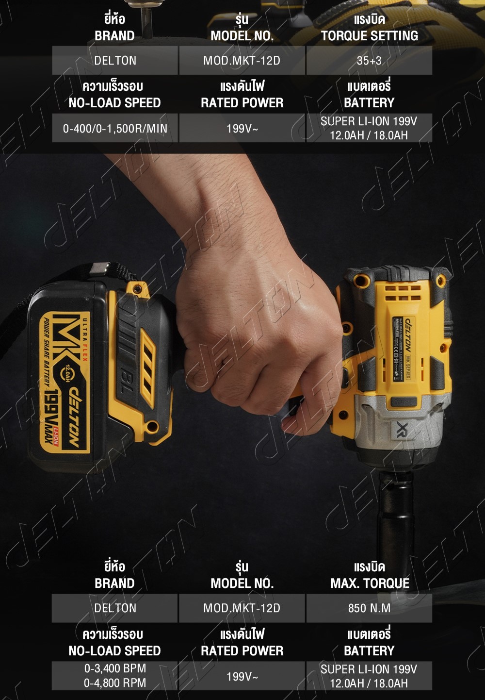 (แพ็คคู่) DELTON สว่านไร้สาย 3 ระบบ + บล็อกแบต 2in1 199V แบตเตอรี่ขนาดใหญ่ 2 ก้อน MK Series รุ่น ...