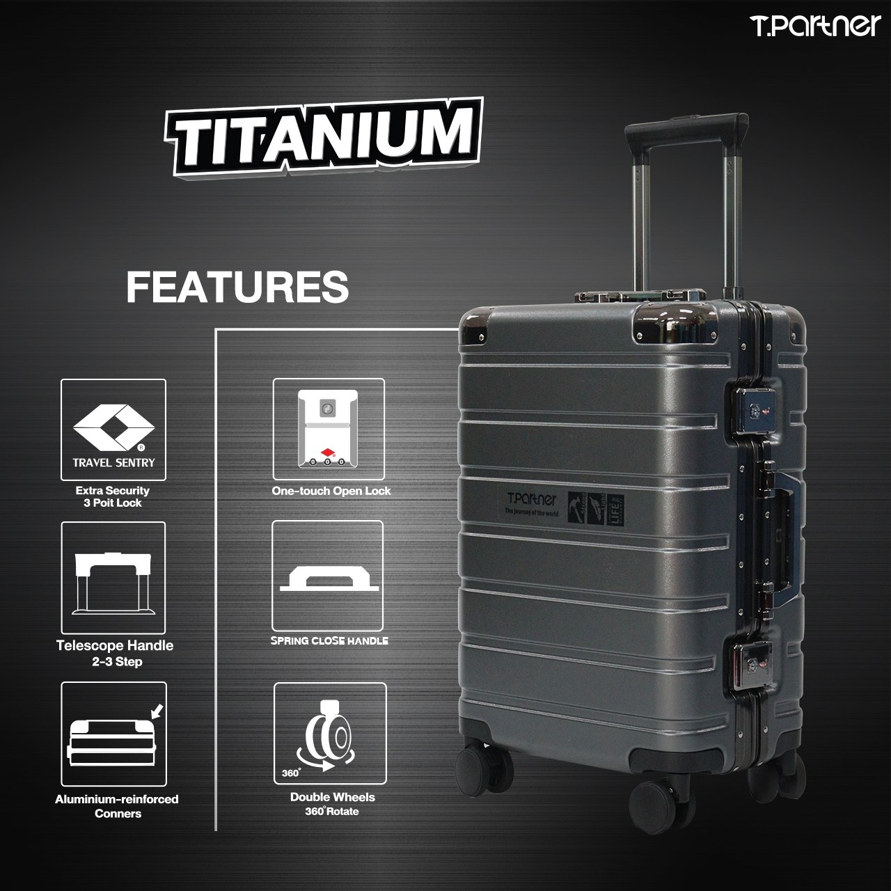 Tpartner แท้(ประกัน3ปี) Titanium กระเป๋าเดินทางล้อลาก โครงอลูมิเนียม มุมกันกระแทก 4 มุม ทนทุก ...